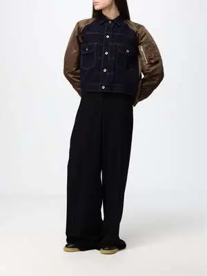 Sacai Cropped Cotton Denim Jacket With Contrasting Nylon Inserts