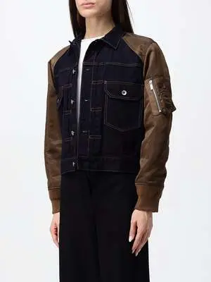 Sacai Cropped Cotton Denim Jacket With Contrasting Nylon Inserts