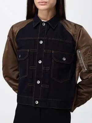 Sacai Cropped Cotton Denim Jacket With Contrasting Nylon Inserts