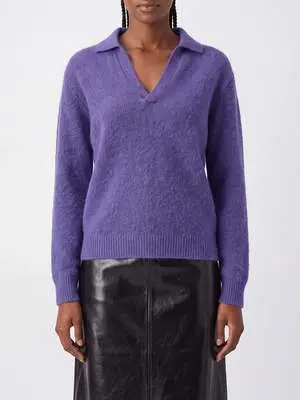 Auralee V-neck Long-sleeved Knit Polo In Alpaca Blend Violet
