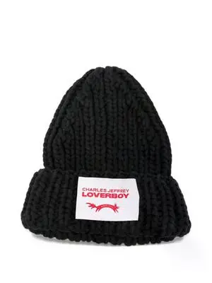 CHARLES JEFFREY Chunky-knit Logo-patch Beanie Hat - Black