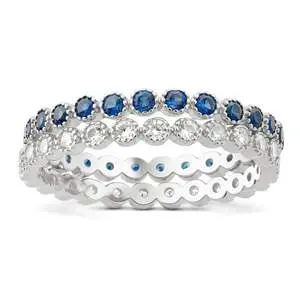 KYLIE HARPER Vintage Milgrain-finish Sapphire Cz 2pc Stackable Ring Set In Sterling - Silver