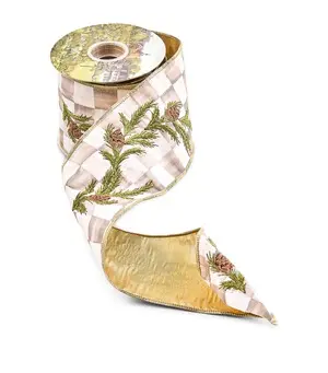 MACKENZIE-CHILDS Embroidered Mocha Pine Courtly Check Ribbon - Grey