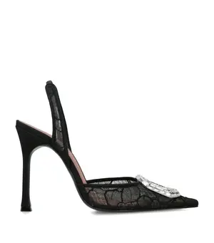 Amina Muaddi Lace Camelia Slingback Pumps 105 - Black