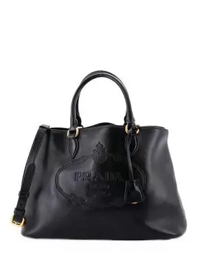 Prada Embossed Logo Convertible Open Glace Calf Medium Tote Bag - Black