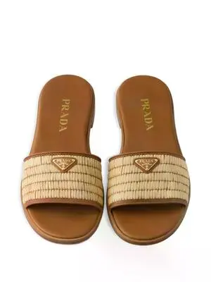 Prada Raffia And Leather Slides - Neutrals