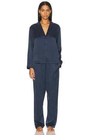 Lunya Washable Silk Long Sleeve Pant Pajama Set - Deep Blue