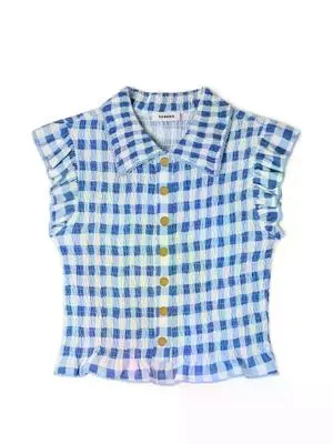 Sandro Check Smocked Shirt With Ruffled Sleeves - Blue