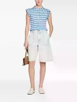 Sandro Check Smocked Shirt With Ruffled Sleeves - Blue