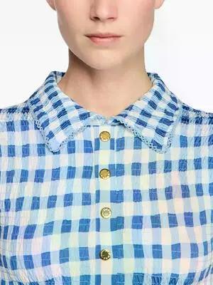 Sandro Check Smocked Shirt With Ruffled Sleeves - Blue