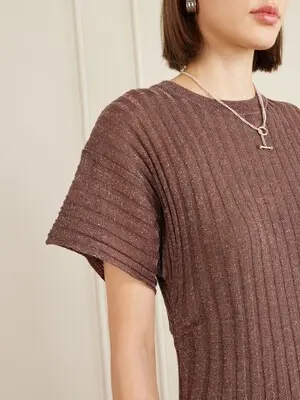 Brunello Cucinelli Metallic Ribbed Knit Midi Dress