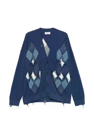 LANEUS Long-sleeve Cardigan With Distressed Argyle Detailing