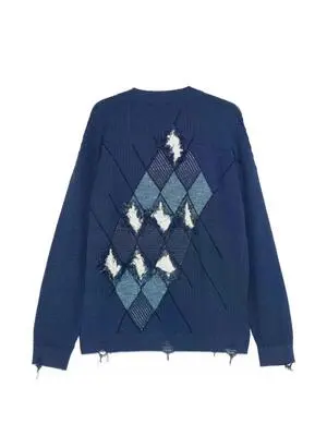 LANEUS Long-sleeve Cardigan With Distressed Argyle Detailing