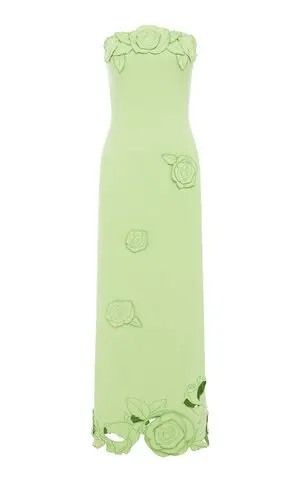 LEO LIN Strapless Floral Appliqué Crepe Maxi Dress - Green