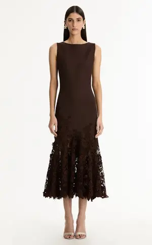 Oscar De La Renta Porcelain Flowers Guipure Midi Dress - Brown