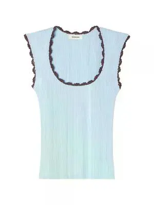 Sandro Sleeveless Ribbed Knit Top With Crochet Trim - Blue