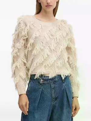 OUI Fringe Detail Round Neck Long Sleeve Sweater - Neutrals