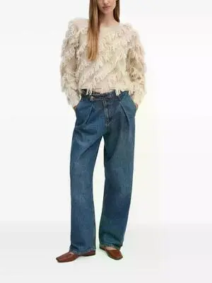 OUI Fringe Detail Round Neck Long Sleeve Sweater - Neutrals