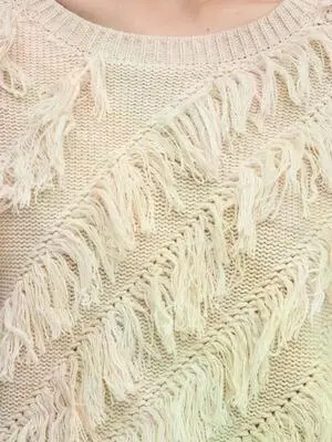 OUI Fringe Detail Round Neck Long Sleeve Sweater - Neutrals