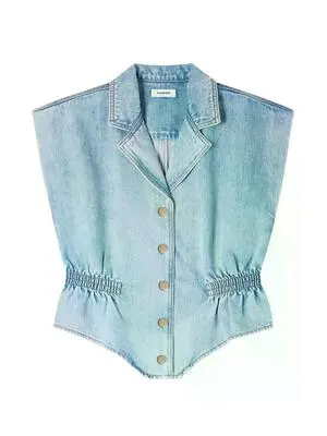 Sandro Fitted Denim Top With Tailored Collar And Asymmetrical Hem