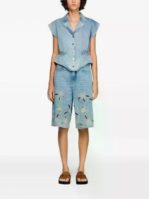 Sandro Fitted Denim Top With Tailored Collar And Asymmetrical Hem