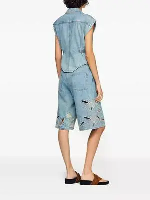 Sandro Fitted Denim Top With Tailored Collar And Asymmetrical Hem
