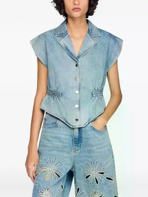 Sandro Fitted Denim Top With Tailored Collar And Asymmetrical Hem