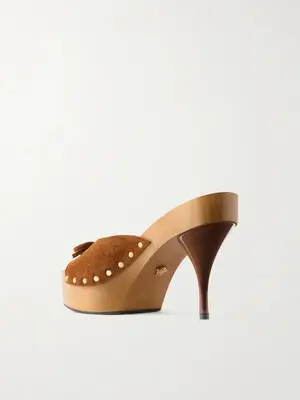 Versace Opera Bow Embellished Suede Clogs - Brown