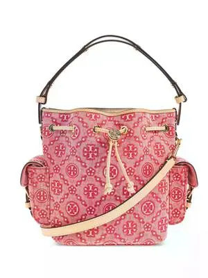 Tory Burch T Monogram Denim Bucket Bag - Red