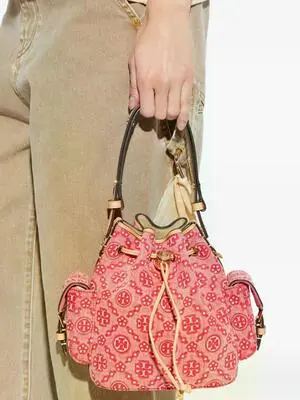 Tory Burch T Monogram Denim Bucket Bag - Red