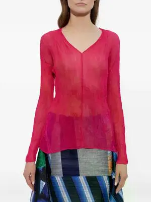 Issey Miyake Pleated V-neck Long Sleeve Top