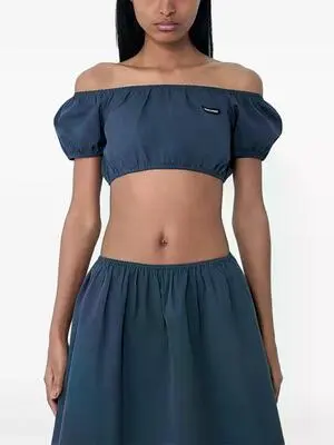 Miu Miu Gathered Off-shoulder Puff Sleeve Cropped Top