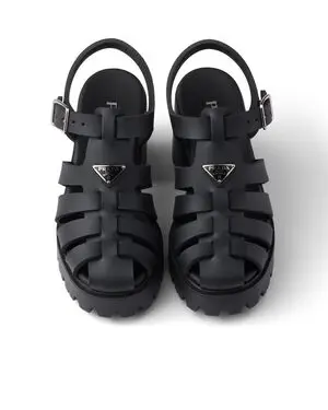 Prada Rubber Platform Sandals With Metal Buckle And Enamelled Triangle Logo - Black