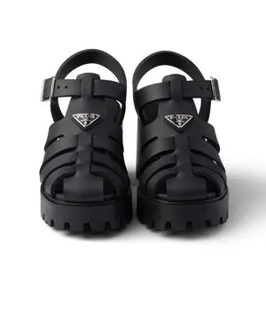 Prada Rubber Platform Sandals With Metal Buckle And Enamelled Triangle Logo - Black