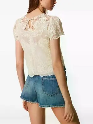 TWINSET Embroidered Short Sleeve Blouse - Neutrals