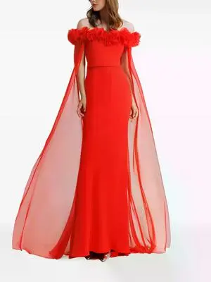 GEMY MAALOUF Off-the-shoulder Flower-embellished Maxi Dress With Flowing Overlay - Red