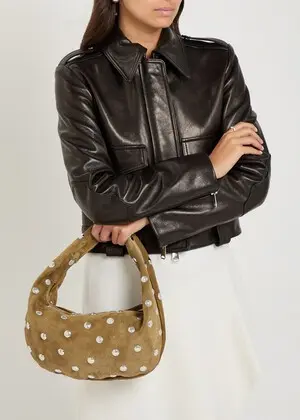 Khaite Medium Studded Suede Top Handle Bag - Sand