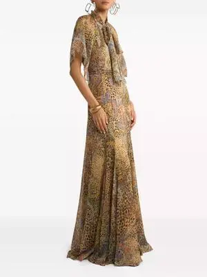 Etro Silk Chiffon Maxi Dress With Paisley And Animal Print - Neutrals
