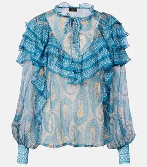 Etro Paisley Ruffled Silk Blouse - Blue