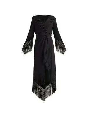 Tadashi Shoji V-neck Midi Dress With Fringe Trim - Black