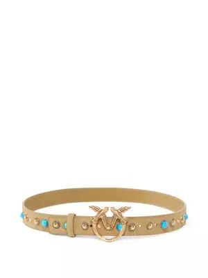 Pinko Studded Suede Belt With Love Birds Buckle - Neutrals