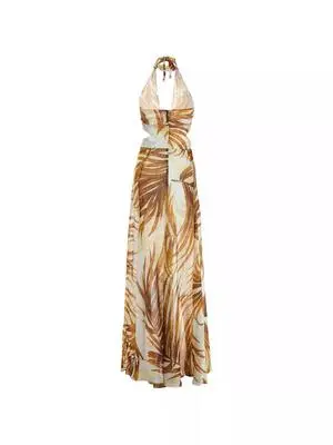 Just Cavalli Gold-tone Leaf Print Halterneck Maxi Dress