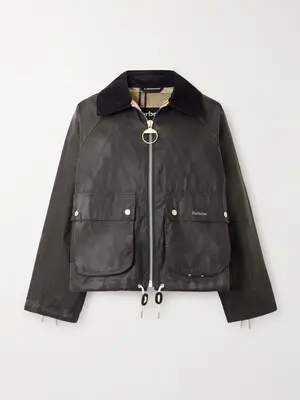 Barbour Waxed-cotton Jacket With Corduroy Collar And Leather Trims - Gray