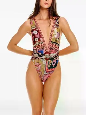 Agua Bendita Patchwork Print Belted V-neck Swimsuit
