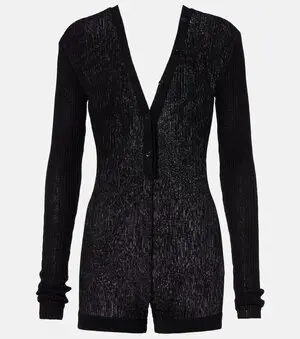 MUGLER Ribbed-knit Cotton Romper - Black