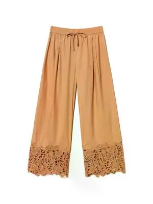 TWINSET Cotton Poplin Wide-leg Trousers With Scalloped Macramé Hem - Neutrals