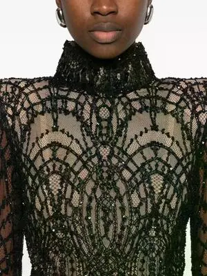 M.MARQUISE Lace Sequin Embellished High Neck Blouse With Fringed Hem