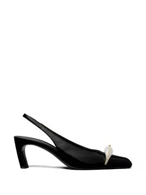 Tory Burch Patent Leather Pierced Slingback Heels With Metal Ring Detail - Black