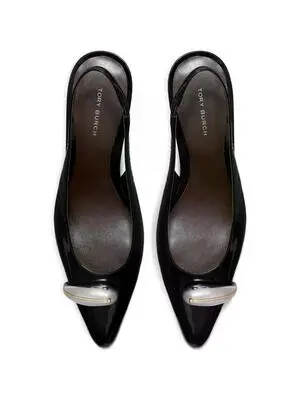 Tory Burch Patent Leather Pierced Slingback Heels With Metal Ring Detail - Black