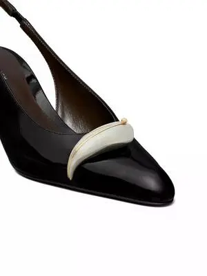 Tory Burch Patent Leather Pierced Slingback Heels With Metal Ring Detail - Black